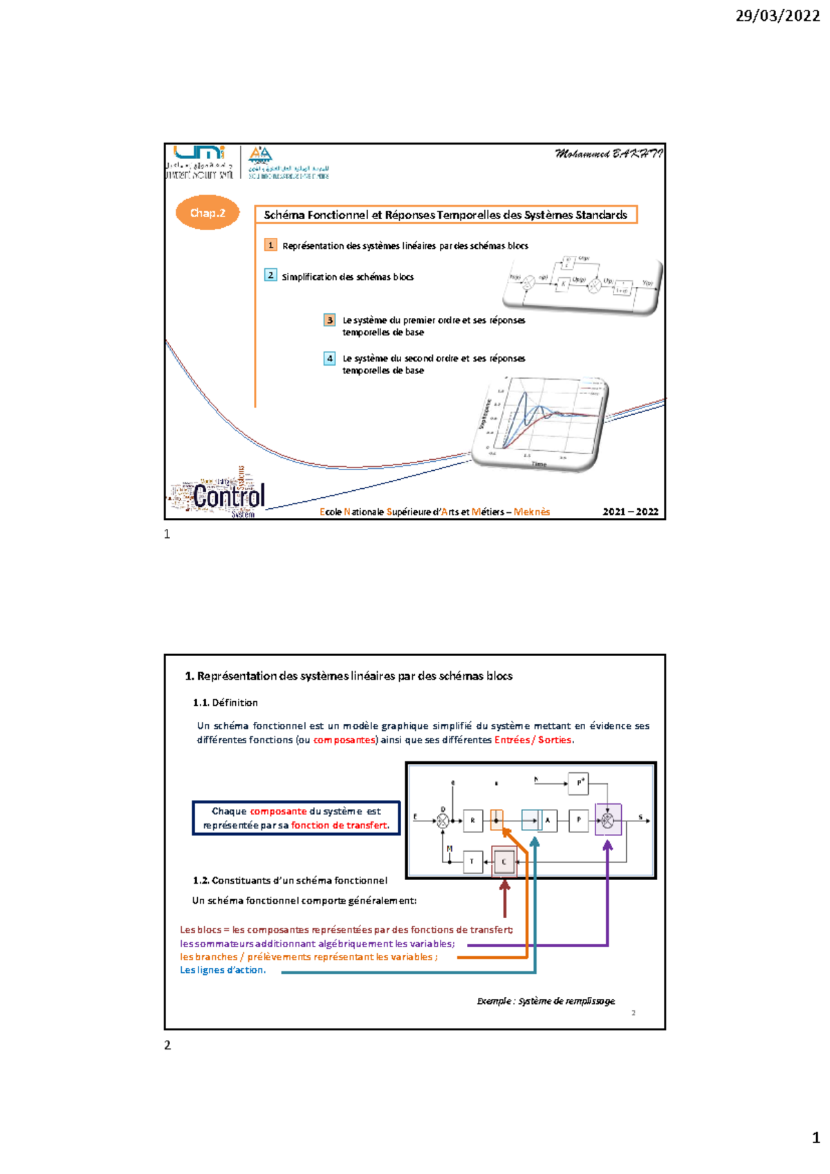 Chap 2 2021-2022 - Automatique - Schéma Fonctionnel et Réponses ...