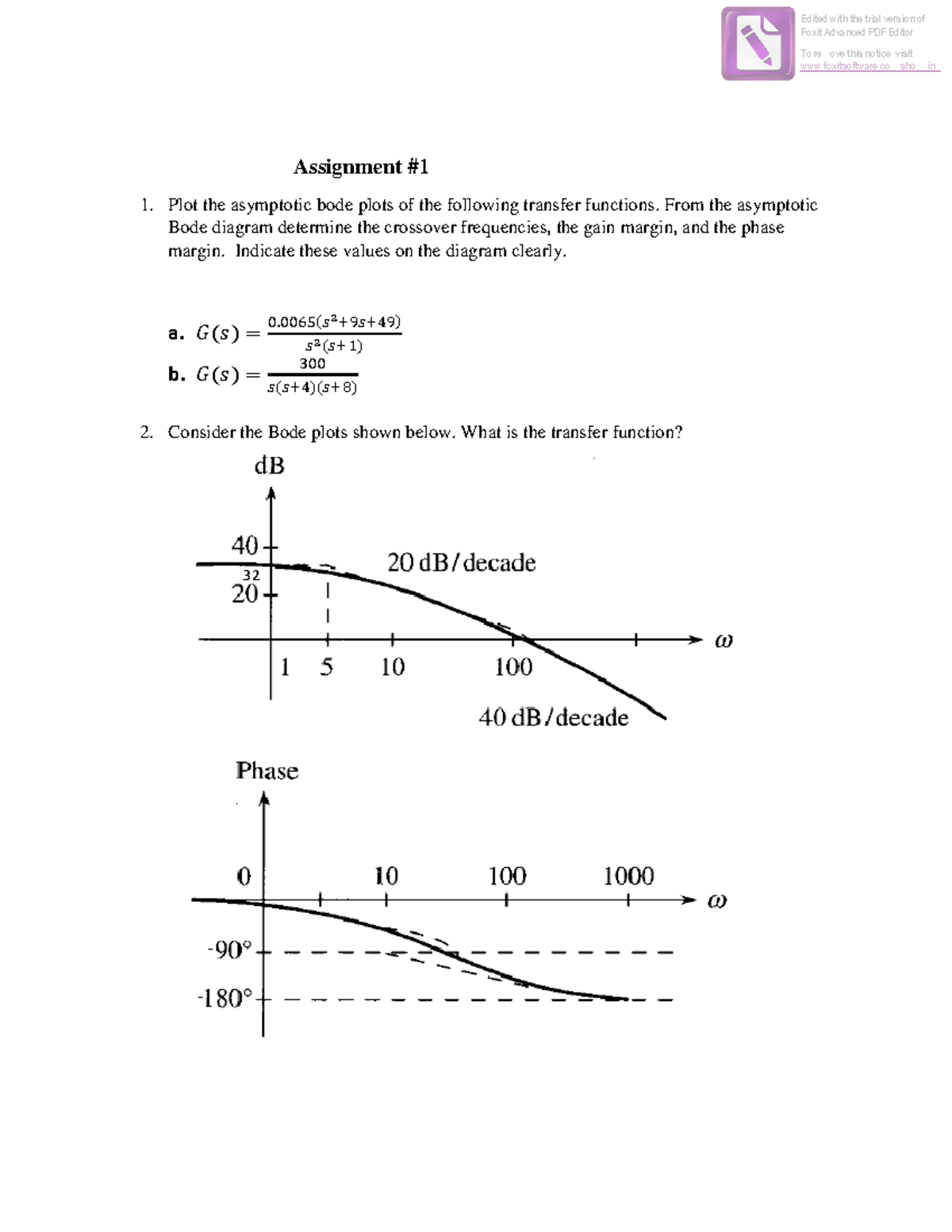 Assignment 1 - Plot the asymptotic bode plots of the following transfer functions. From the ...