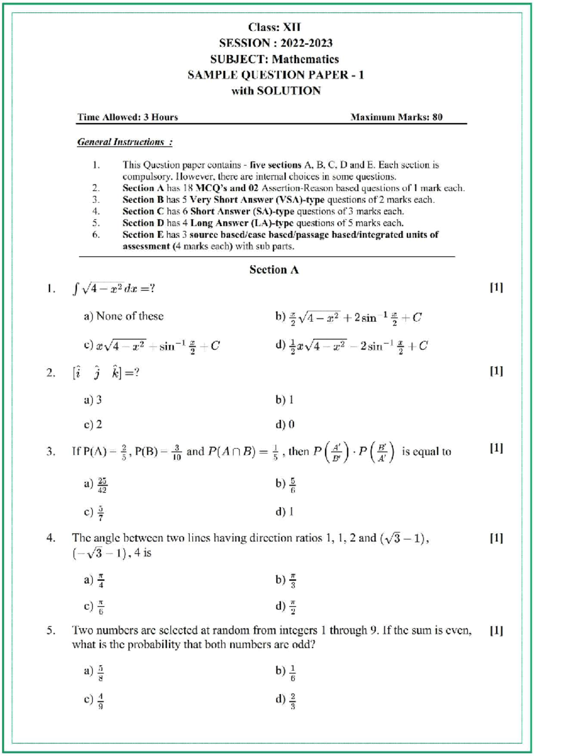 Sample Paper Maths 11 - Mathematics-I - Studocu