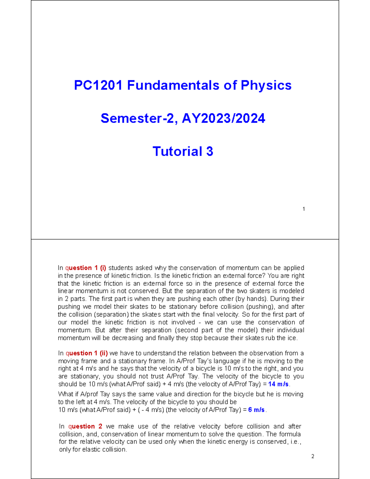 Tutorial 3 solution - PC1201 Fundamentals of Physics Semester-2, AY2023 ...