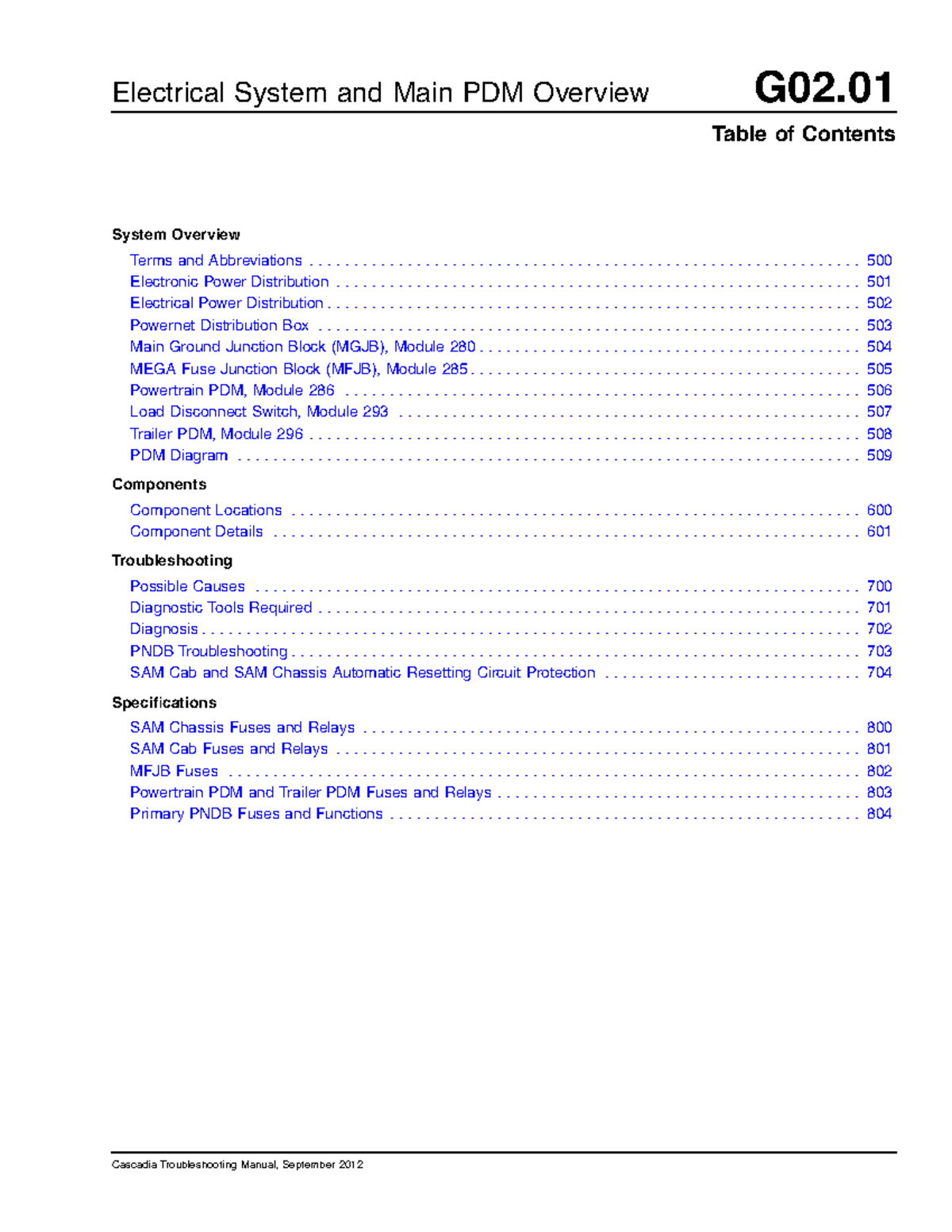 Freightliner - Cascadia 2012 - Table of Contents Electrical System and ...