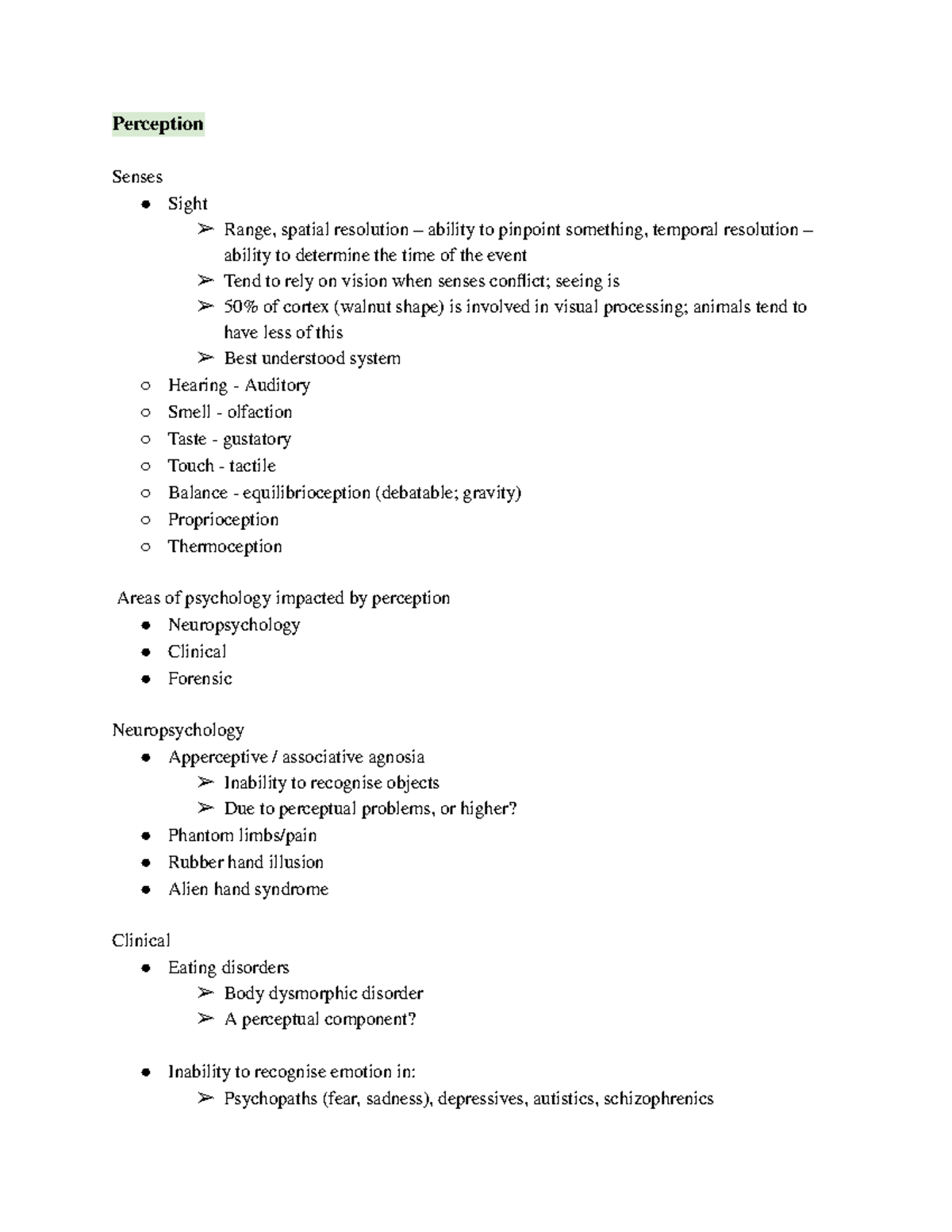 Perception lecture notes - Perception Senses Sight Range, spatial ...