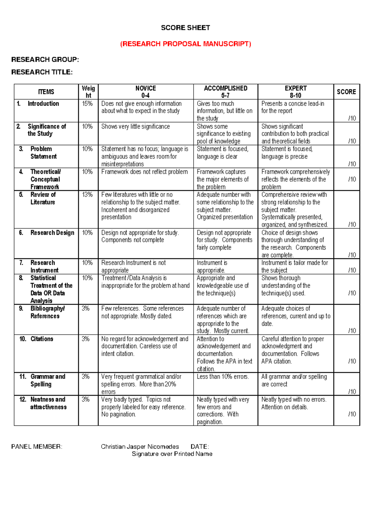 Thesis Proposal Score Sheet Written WORK - SCORE SHEET (RESEARCH ...