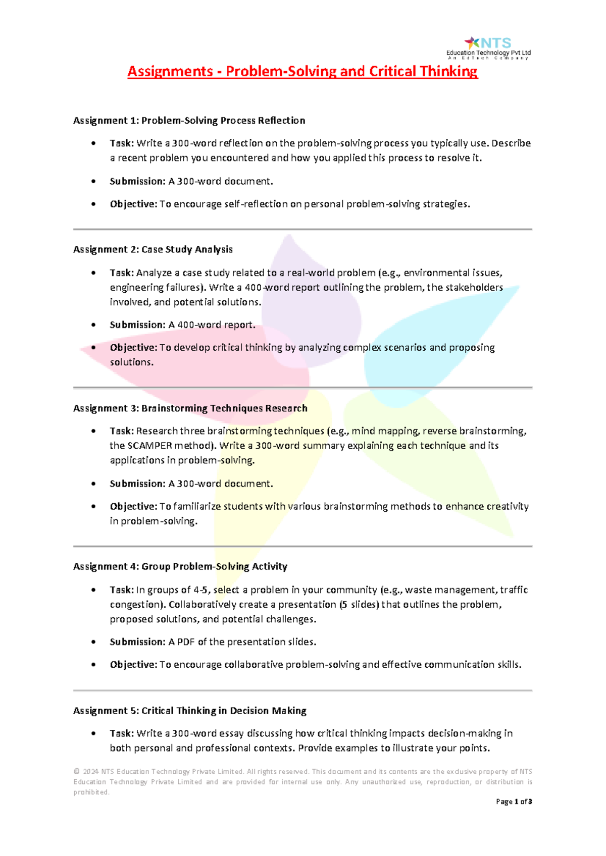 Problem-Solving and Critical Thinking- Assignments - S3 - © 2024 NTS ...