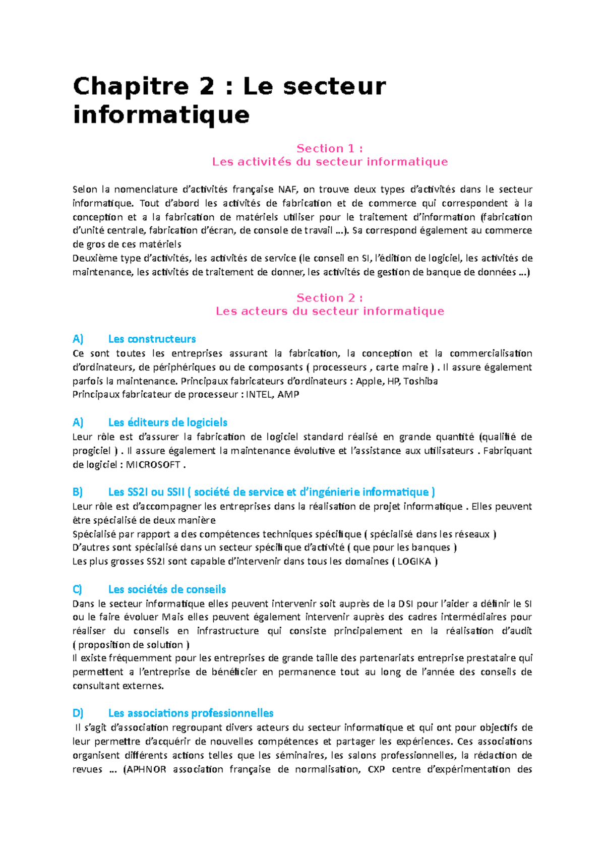Chapitre 2 Le secteurs informatique - Chapitre 2 : Le secteur ...