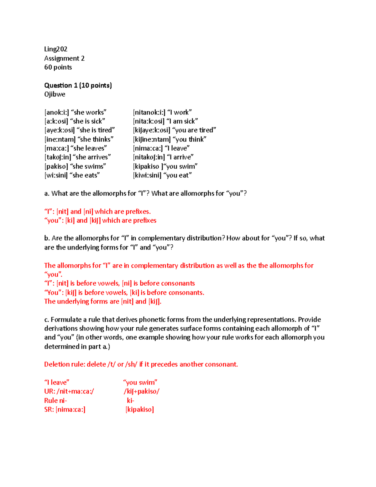 Ling Assignment 2 Professor Larsen Ling Assignment 2 60 Points Question 1 10 Points Ojibwe