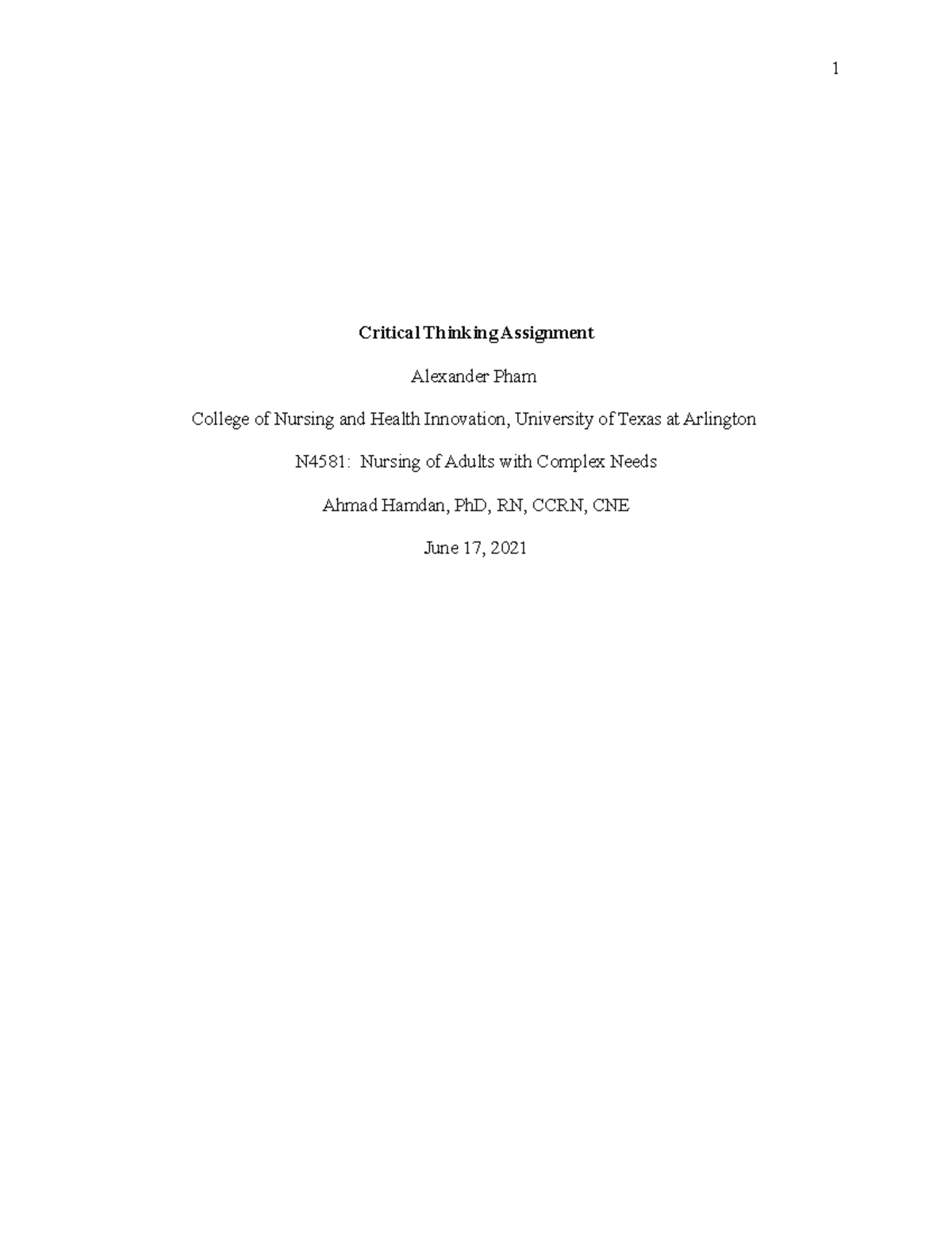 Critical Thinking Assignment Paper - 1 Critical Thinking Assignment ...