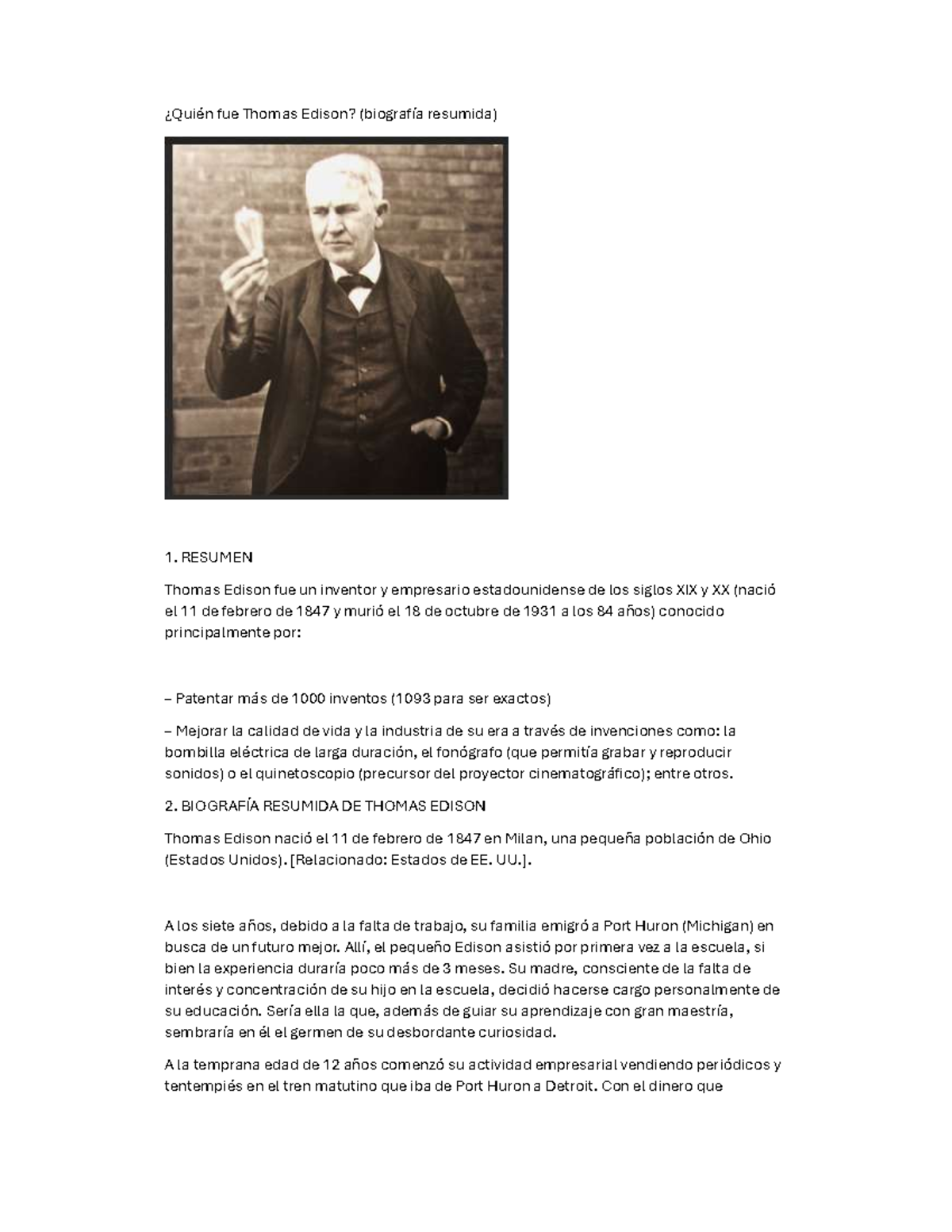Biografia Thomas Alva Edison - ¿Quién fue Thomas Edison? (biografía ...