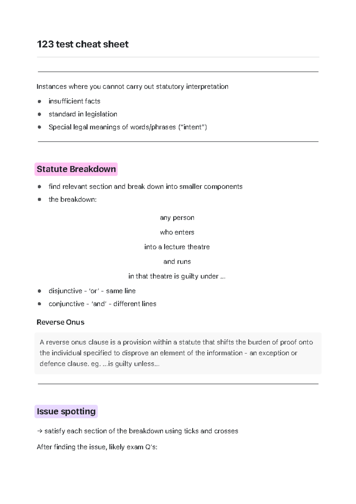 laws 123 mid-term test cheat sheet - Introduction to Statute Law - 123 ...