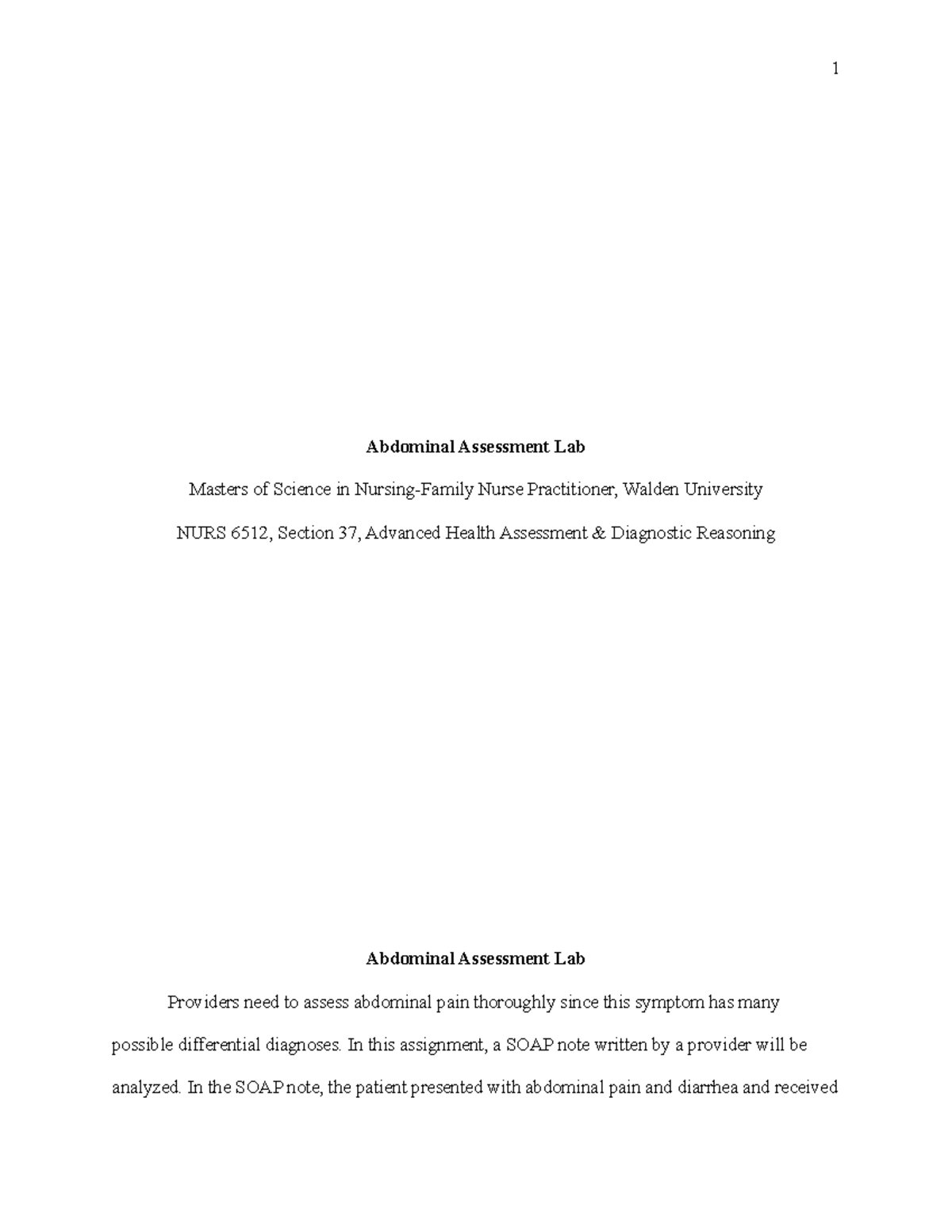 WK6Assgn 1 - Abdominal SOAP note - Abdominal Assessment Lab Masters of ...