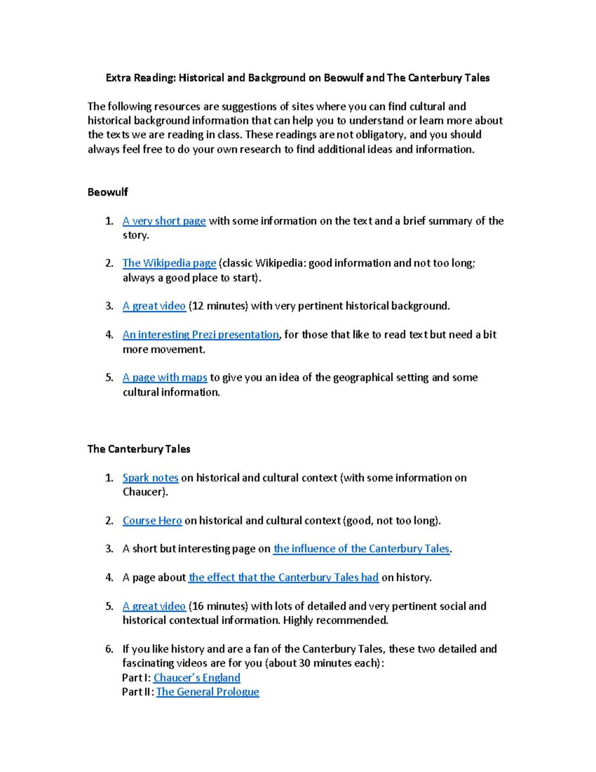 Extra Reading - Historical and Background on Beowulf and The Canterbury ...