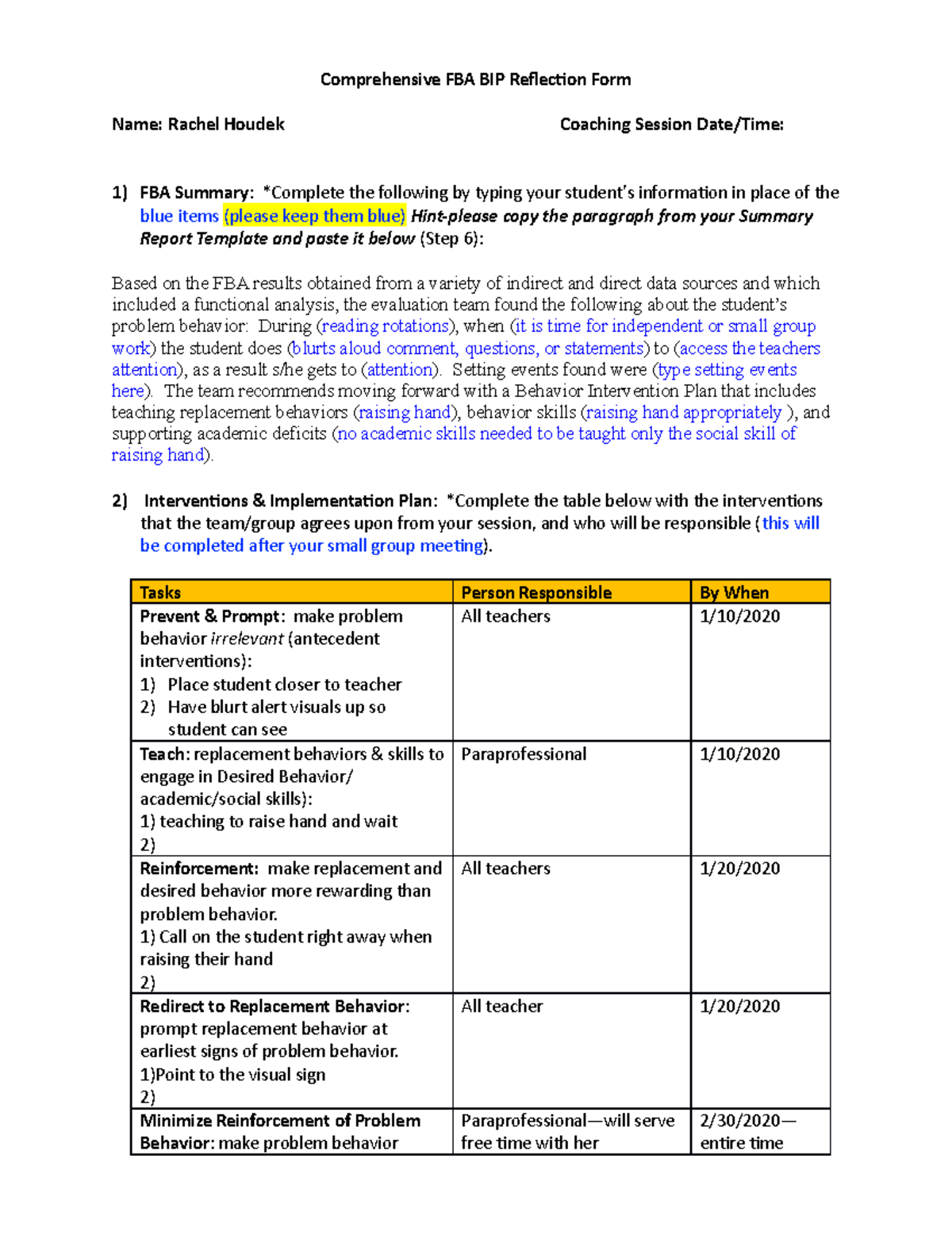 Comprehensive FBA BIP Reflection Form - Setting events found were (type ...