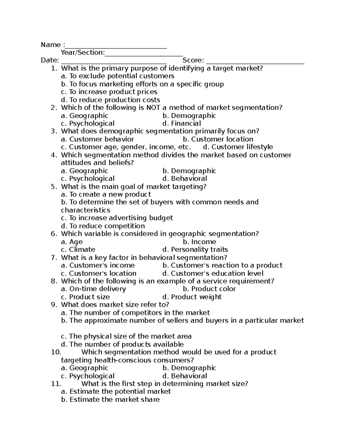 Target Market EXAM - entrepreneurship - Name ...