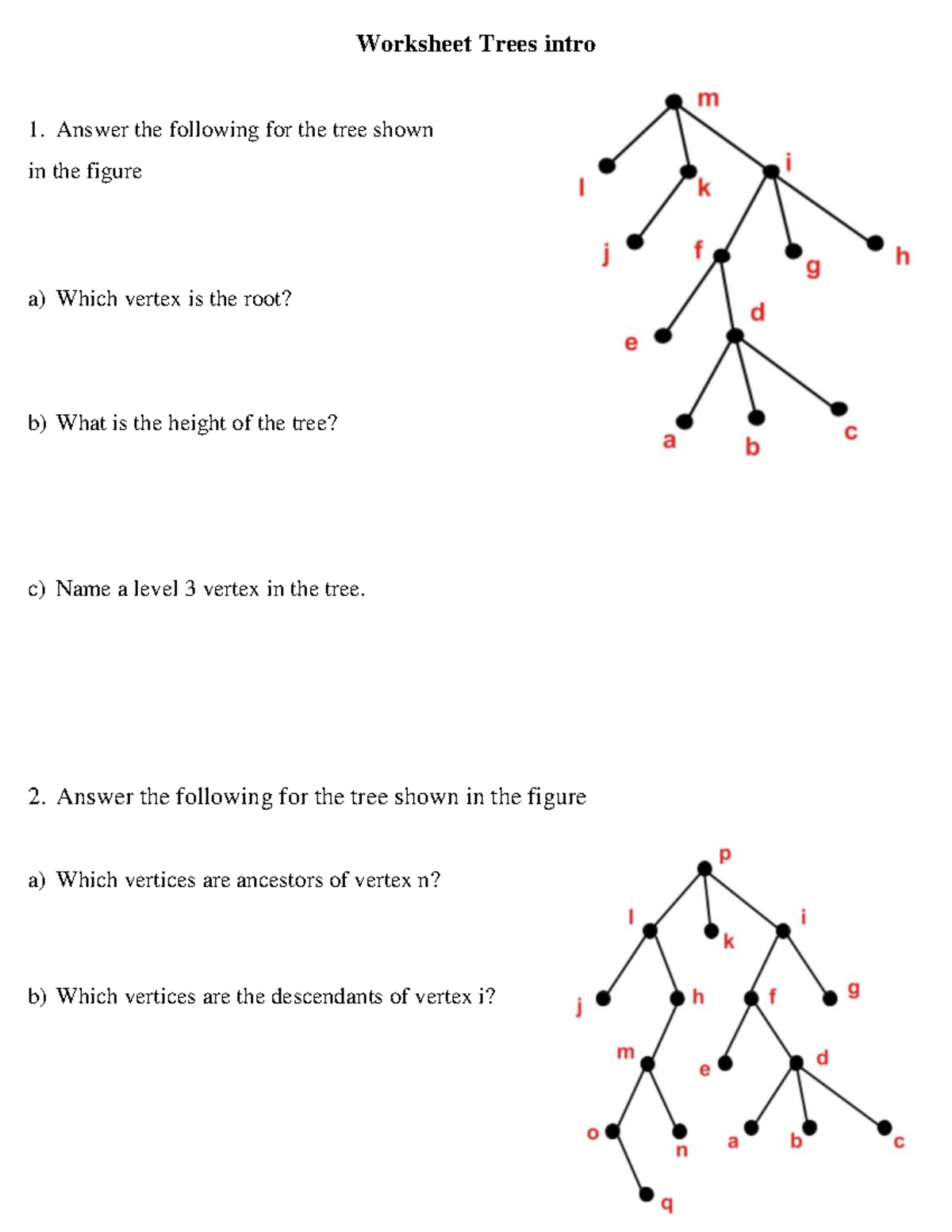 Worksheet 1 Trees intro - Worksheet Trees intro Answer the following ...