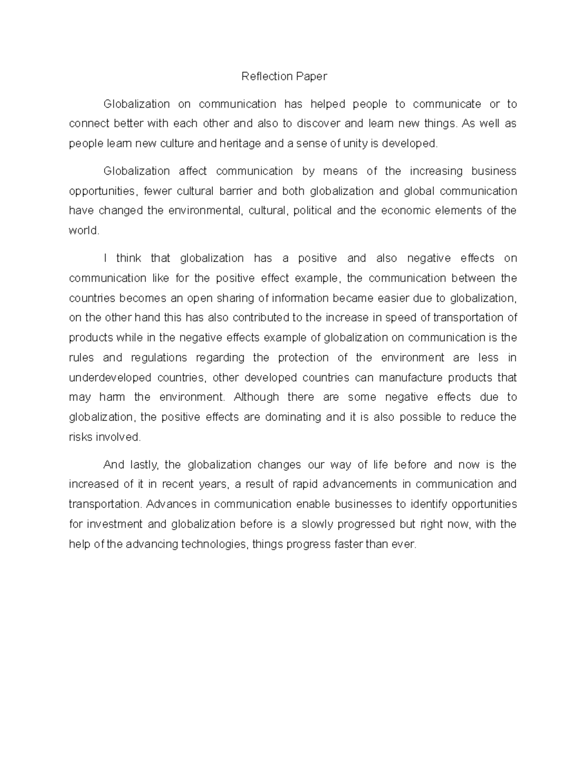 Pur Com (Reflection Paper 2 - Reflection Paper Globalization on ...