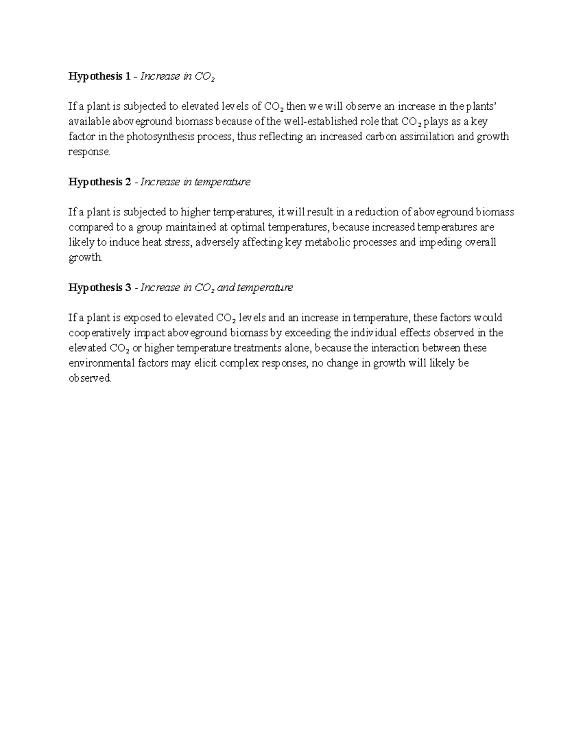 Isaac Provost - BIOL 1401 Lab Hypothesis - Hypothesis 1 - Increase in ...