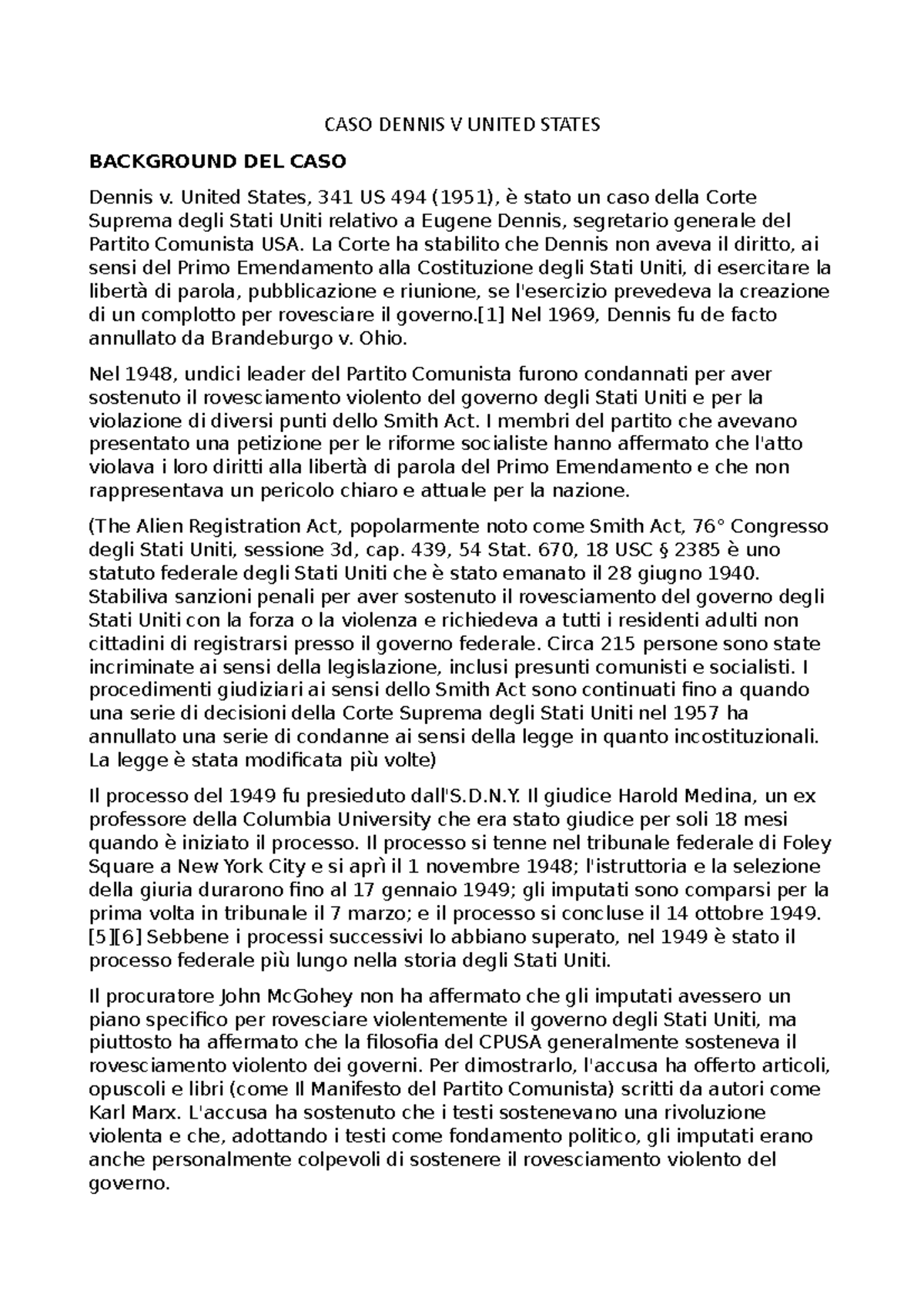 CASO Dennis V United States - CASO DENNIS V UNITED STATES BACKGROUND ...