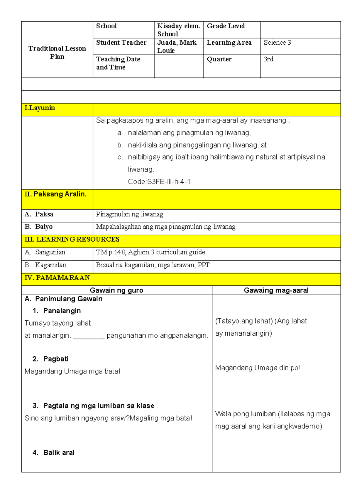 Traditional lesson plan - Traditional Lesson Plan School Kisaday elem ...