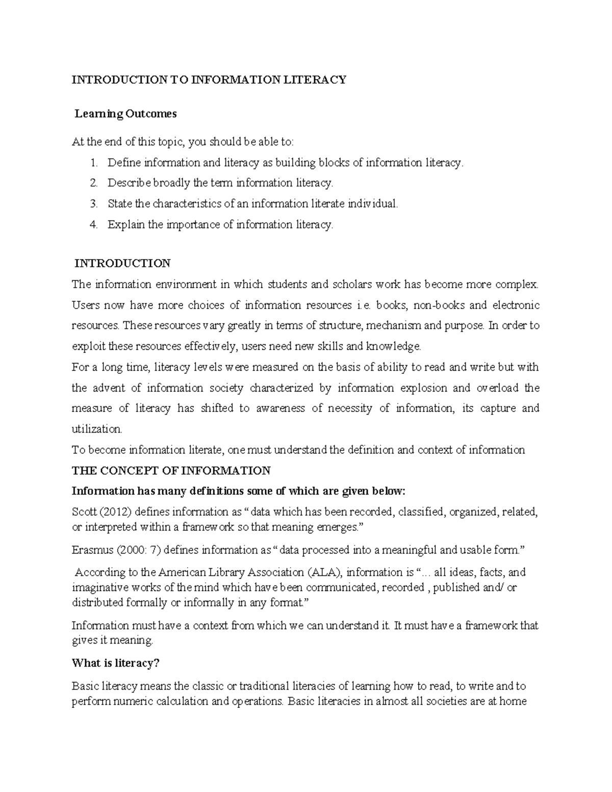 Topic 1- Introduction TO Information Literacy - INTRODUCTION TO ...