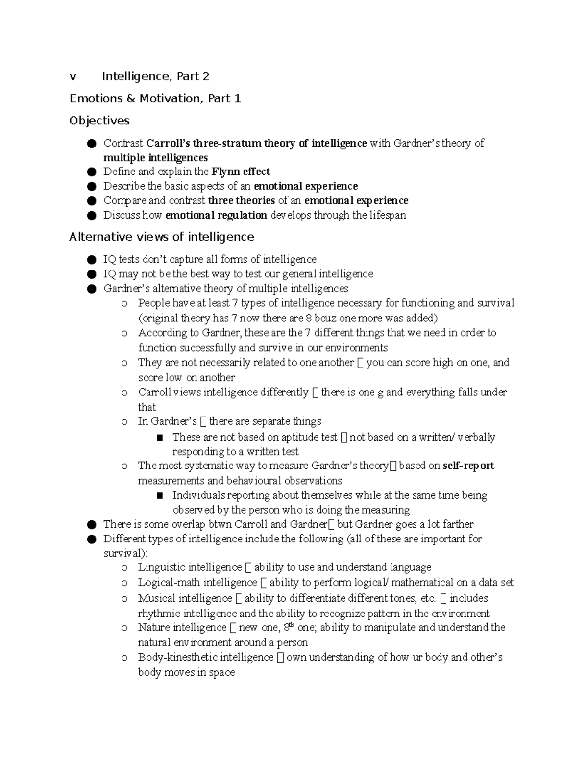Lec 9 psych notes - v Intelligence, Part 2 Emotions & Motivation, Part ...