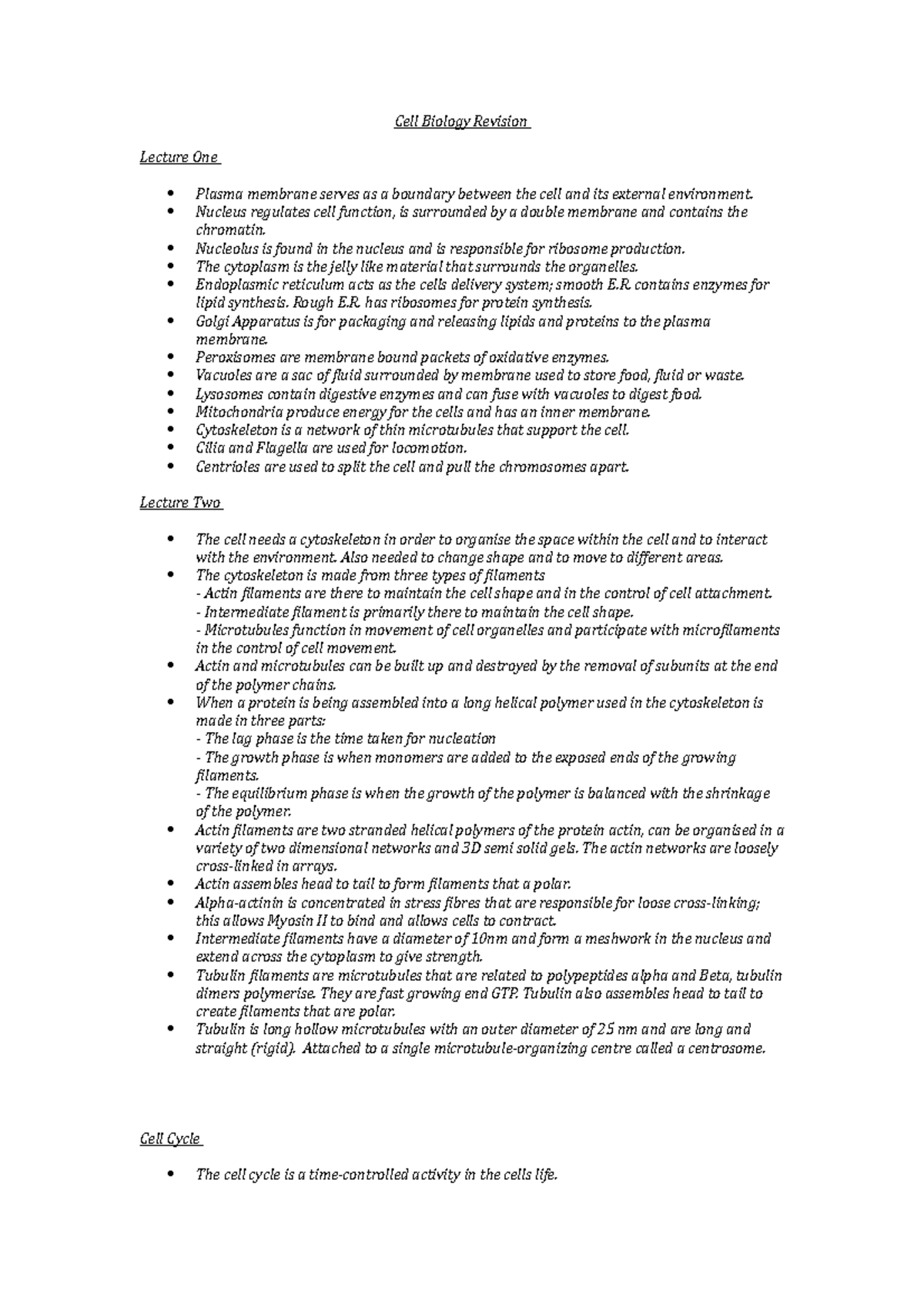 Cell Biology Revision - Lecture notes 1 - 3 - Cell Biology Revision ...
