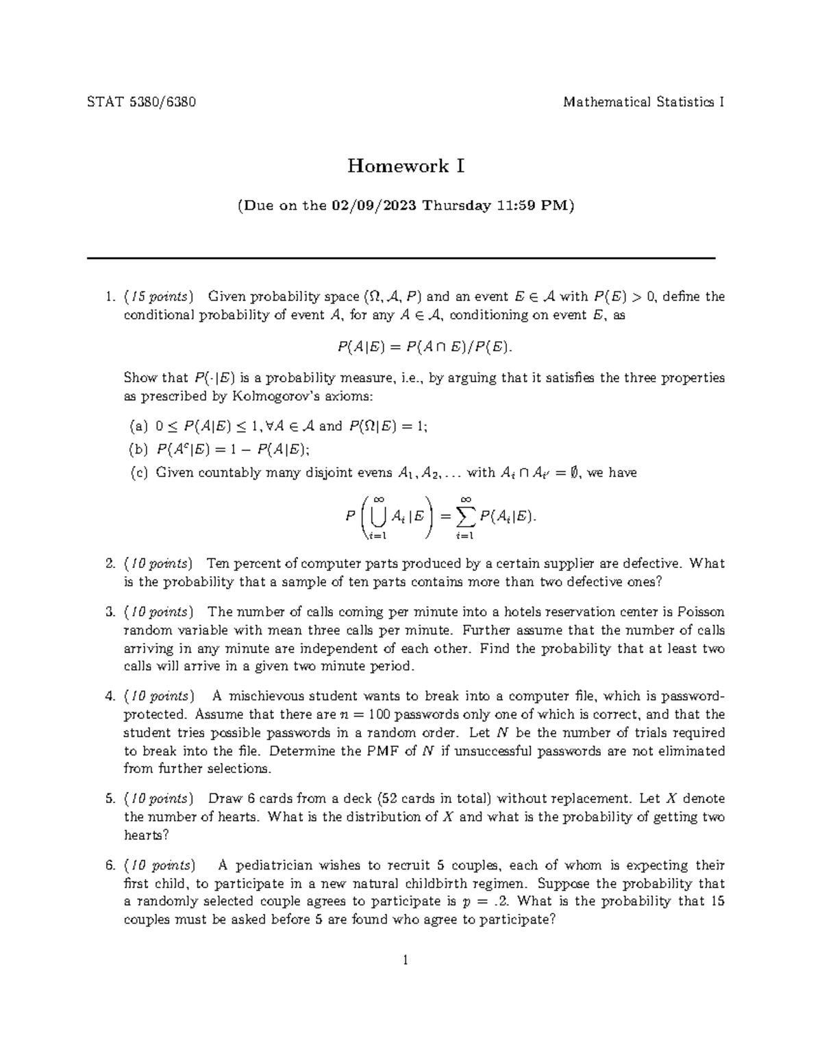 HW01 - Spring 2023 Solution - STAT 5380/6380 Mathematical Statistics I Homework I (Due on the ...