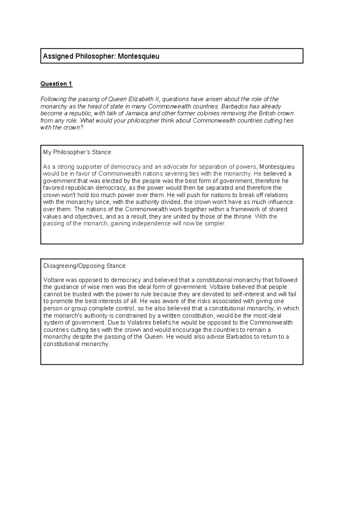 Enlightenment writing assignment - Assigned Philosopher: Montesquieu ...