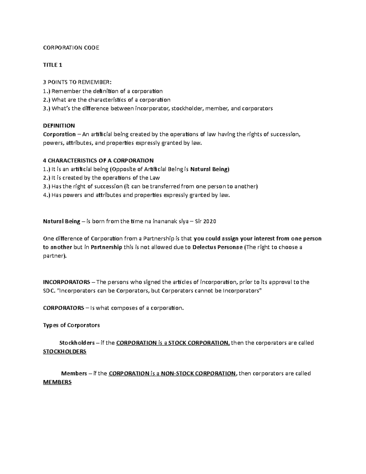 Corporation CODE Notes Buslaw - CORPORATION CODE TITLE 1 3 POINTS TO ...