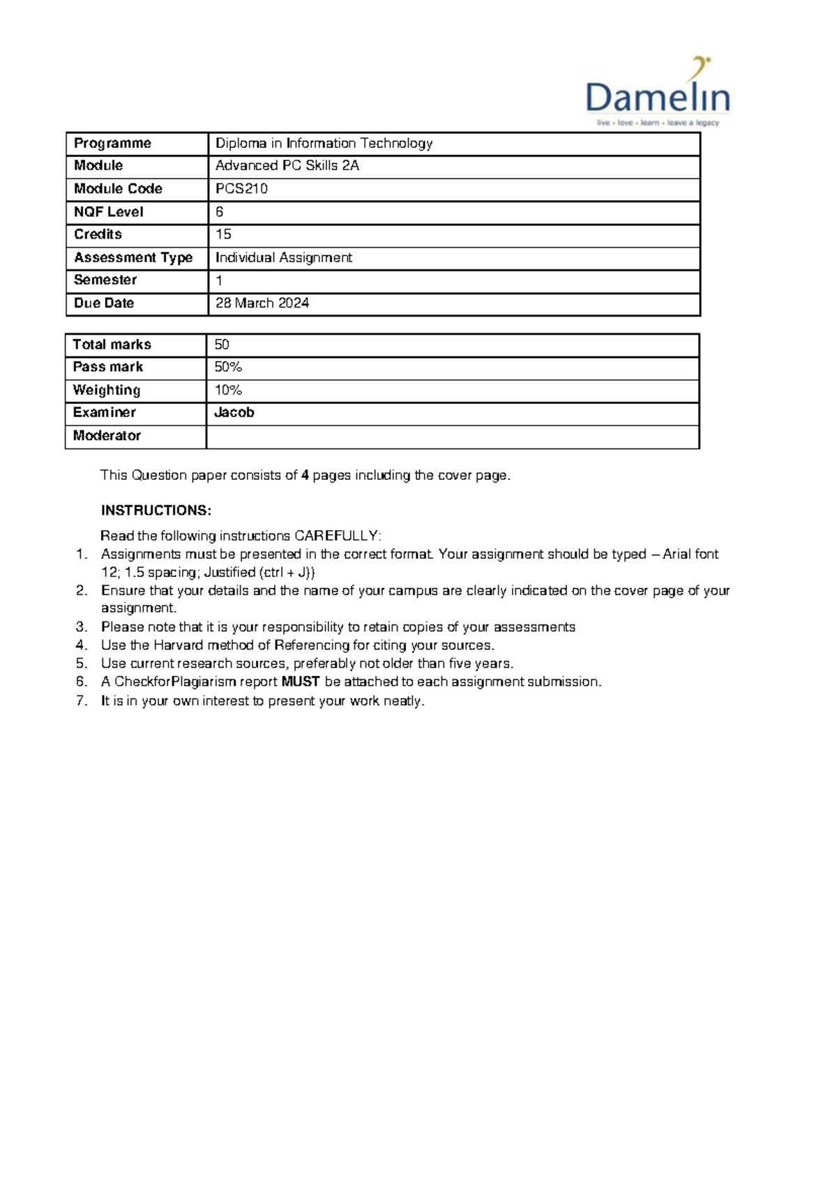 Advanced PC Skills 2A Assignment 1 - Programme Diploma in Information ...