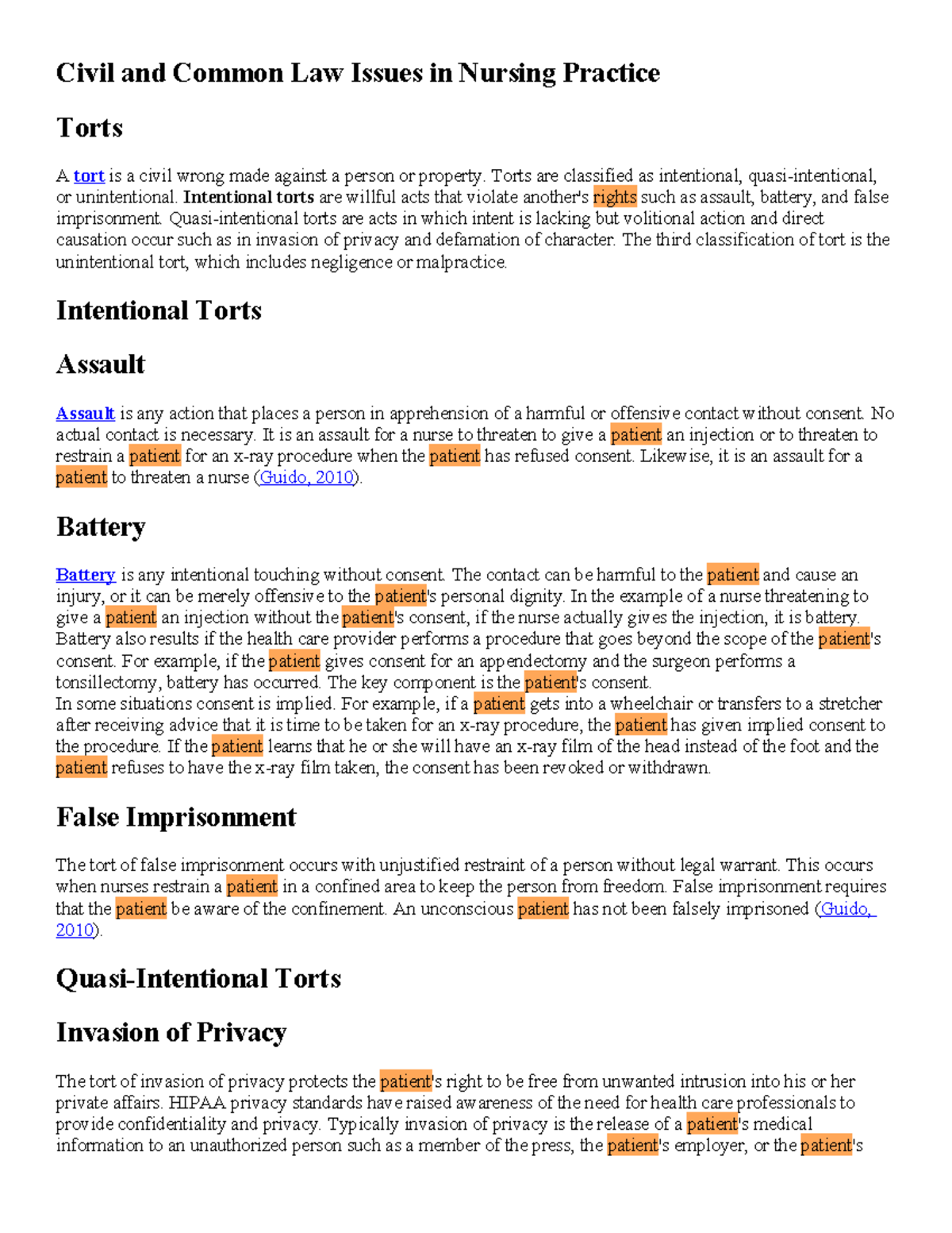 Civil and Common Law Issues in Nursing Practice - Torts are classified ...