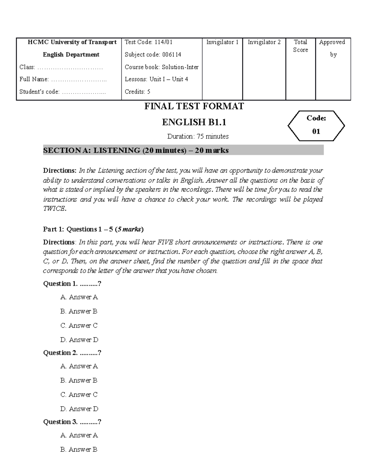 English B1.1 - Final TEST Format 2020 - HCMC University of Transport ...