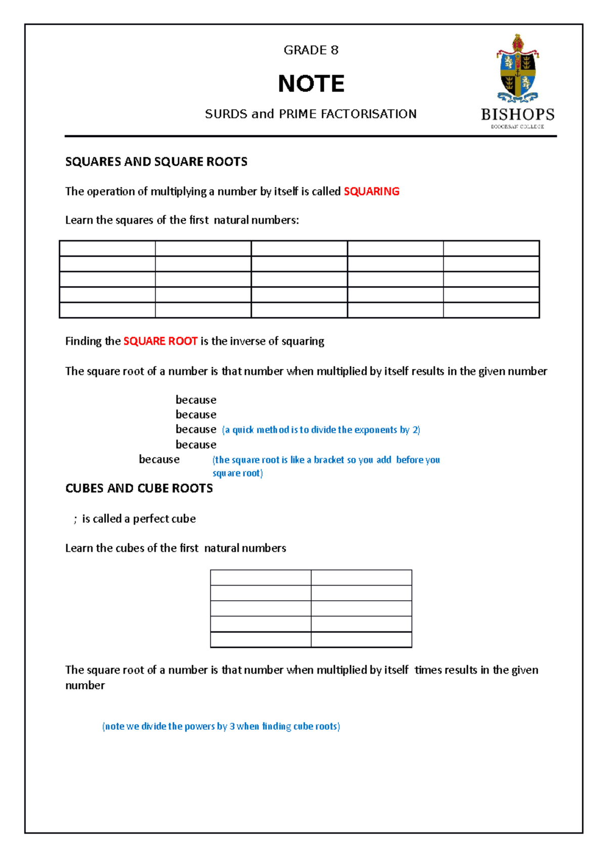 G8Surdsand Prime Factors VAM - GRADE 8 NOTE SURDS and PRIME ...