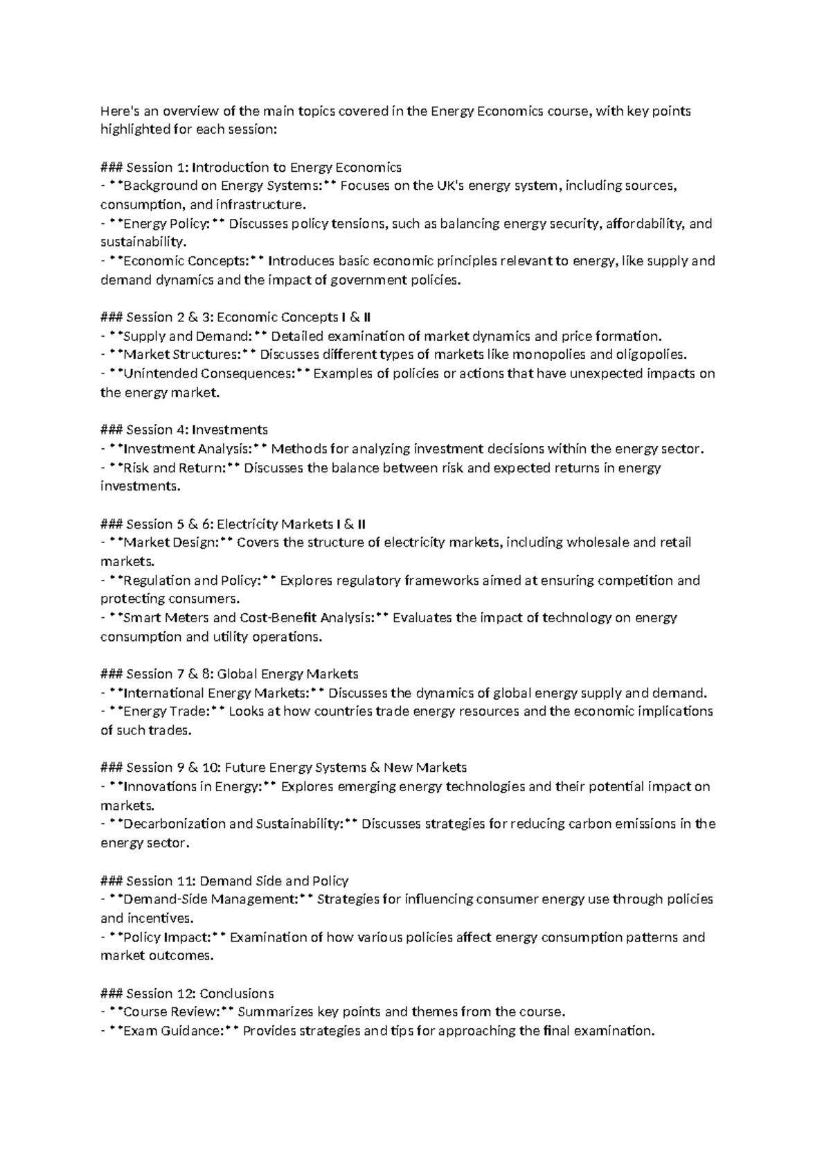 Energy Economics Course Overview - Here's an overview of the main ...
