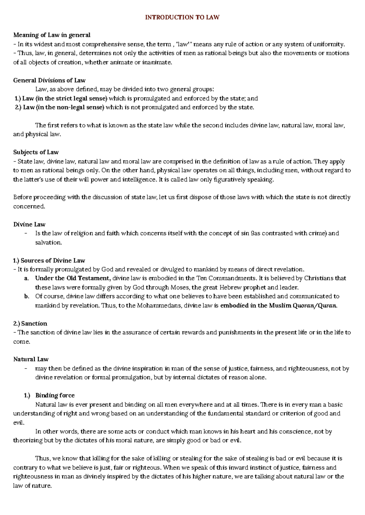 Introduction TO LAW - notes - INTRODUCTION TO LAW Meaning of Law in ...