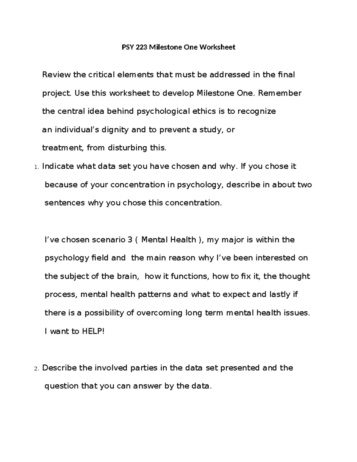 2-2Milestone 1arethingsethical - PSY 223 Milestone One Worksheet Review ...