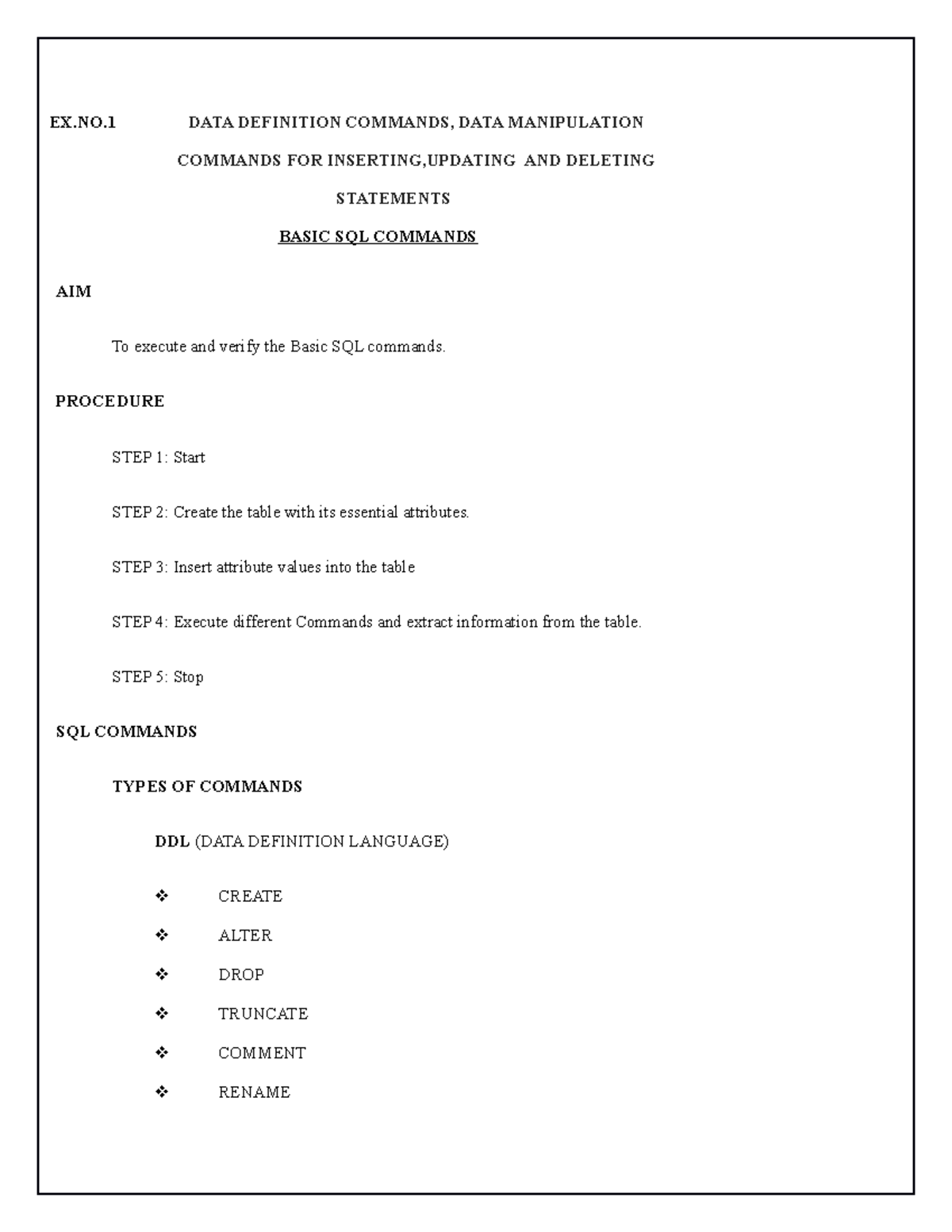Exno1 Exno Data Definition Commands Data Manipulation Commands For