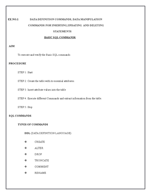 Cs8481 record - dbms manual - EX: DATA DEFINITION COMMANDS, DATA MANIPULATION COMMANDS FOR - Studocu