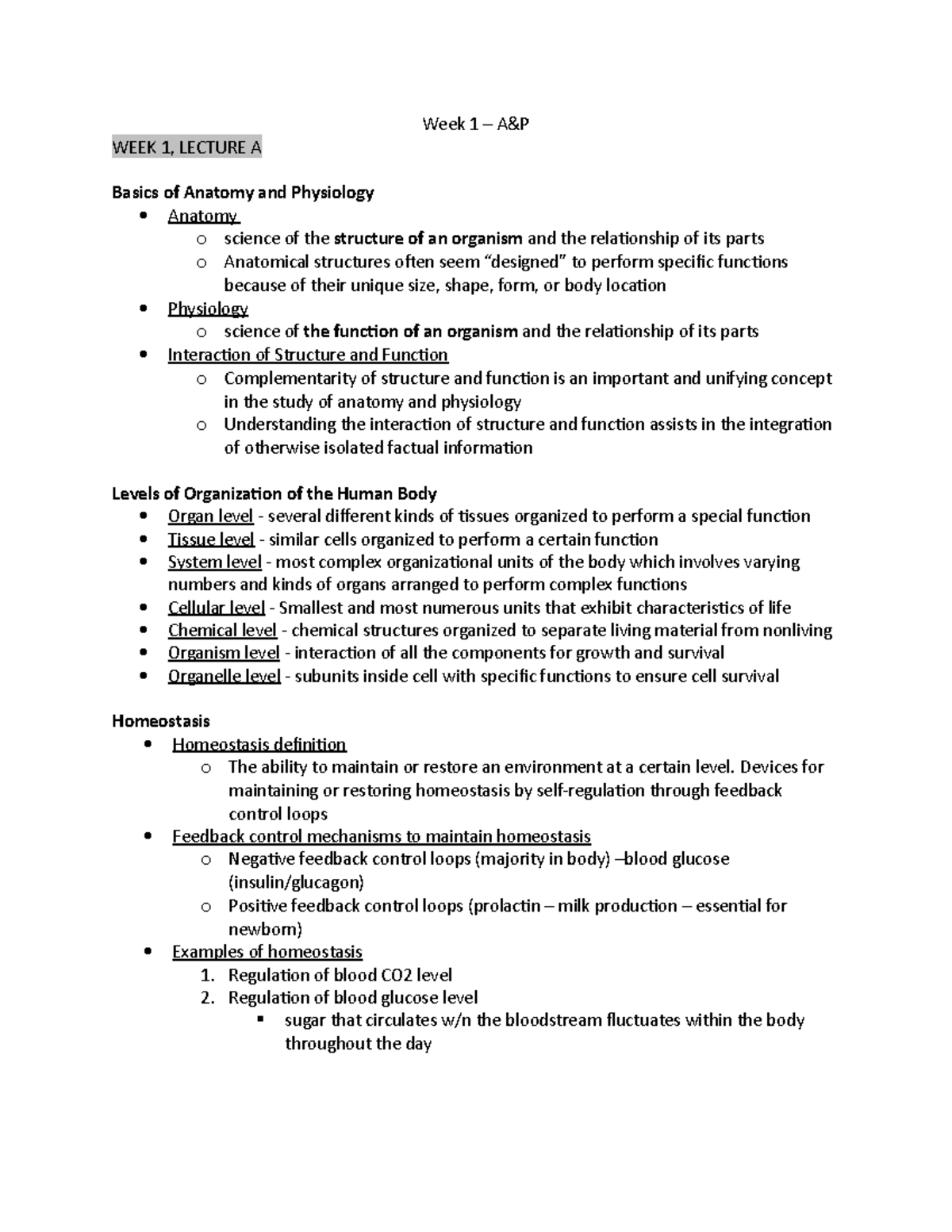 Week 1 - notes - Week 1 – A&P WEEK 1, LECTURE A Basics of Anatomy and ...