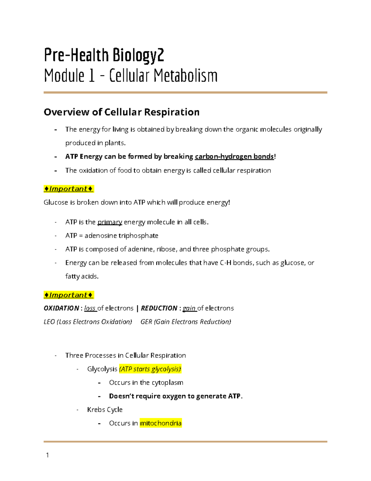 Biology 2 - Module 1 - Pre-Health Biology Module 1 - Cellular ...