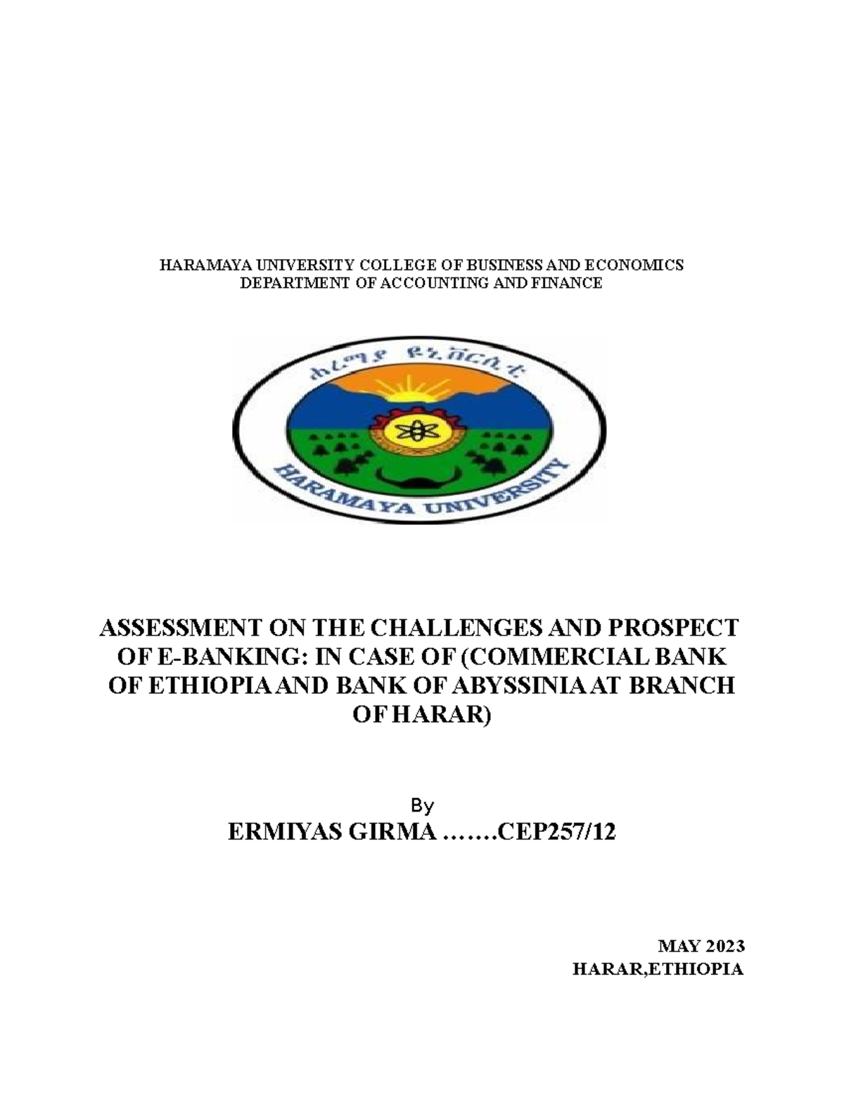 Final - risk management - HARAMAYA UNIVERSITY COLLEGE OF BUSINESS AND ...