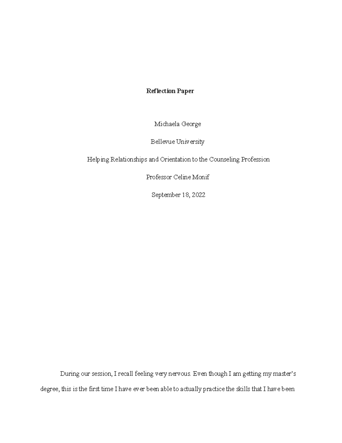 Reflection paper - Reflection Paper Michaela George Bellevue University ...