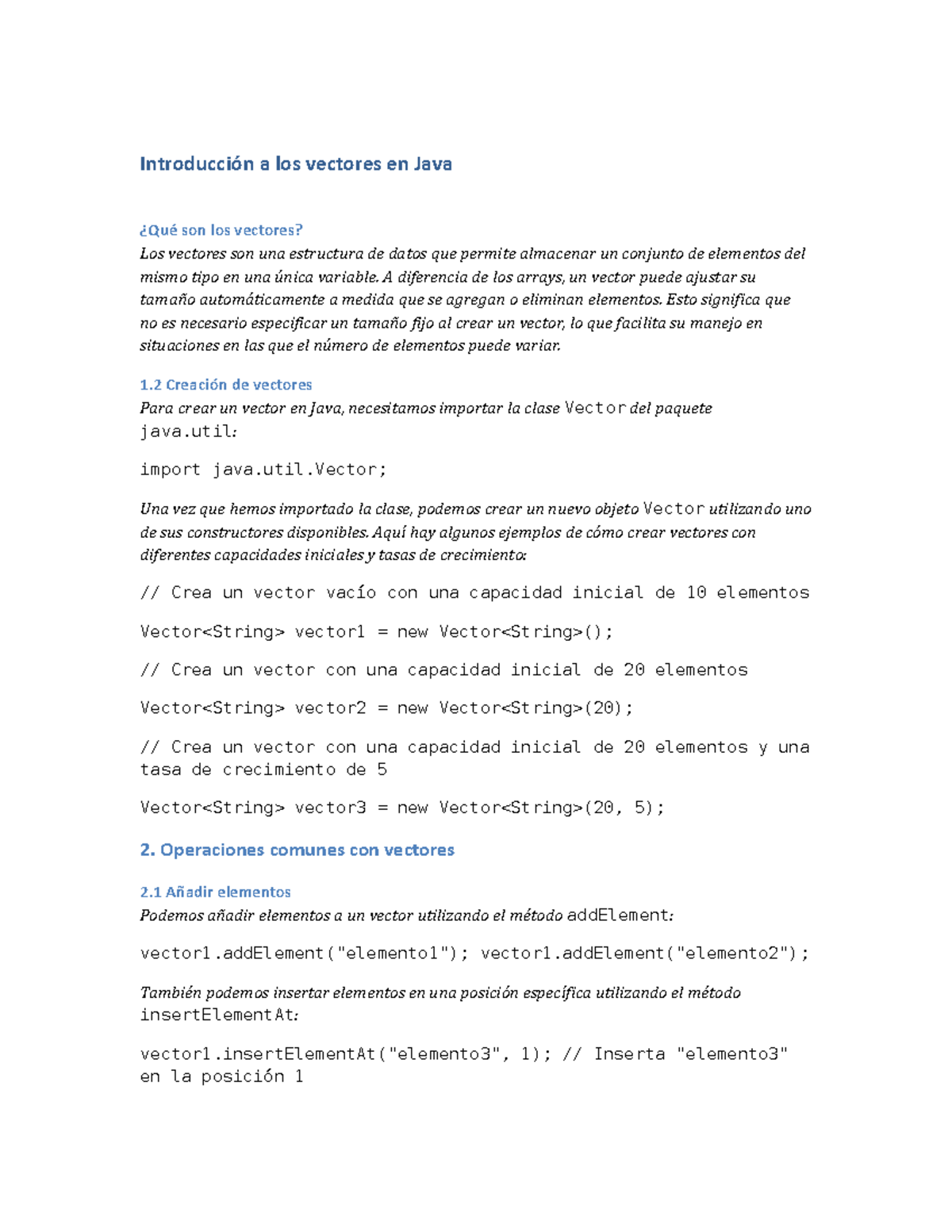 Vectors in java - tema para el portafolio d poo - Introducción a los ...