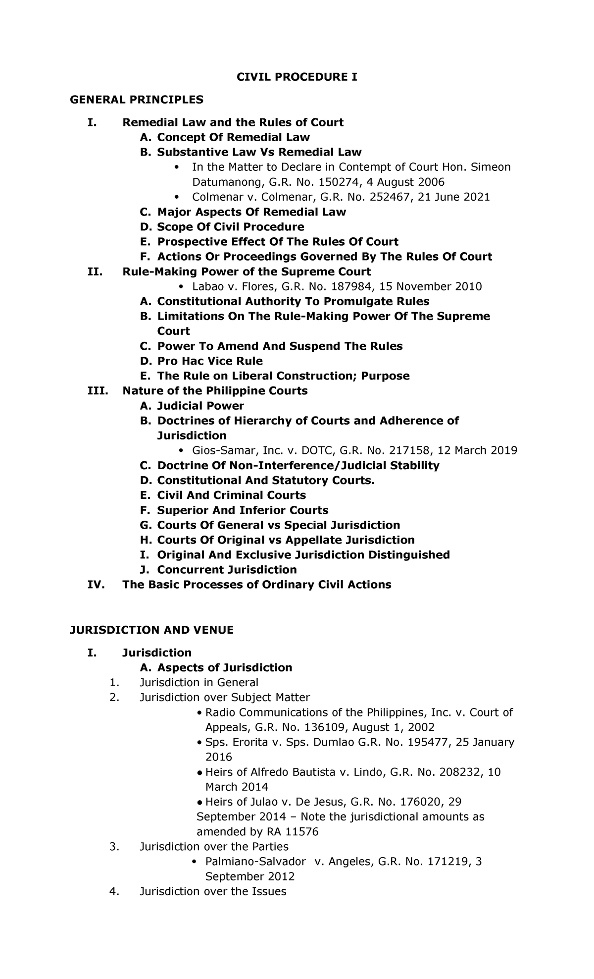 Civil- Procedure-I-Course-Outline- Riano - CIVIL PROCEDURE I GENERAL ...