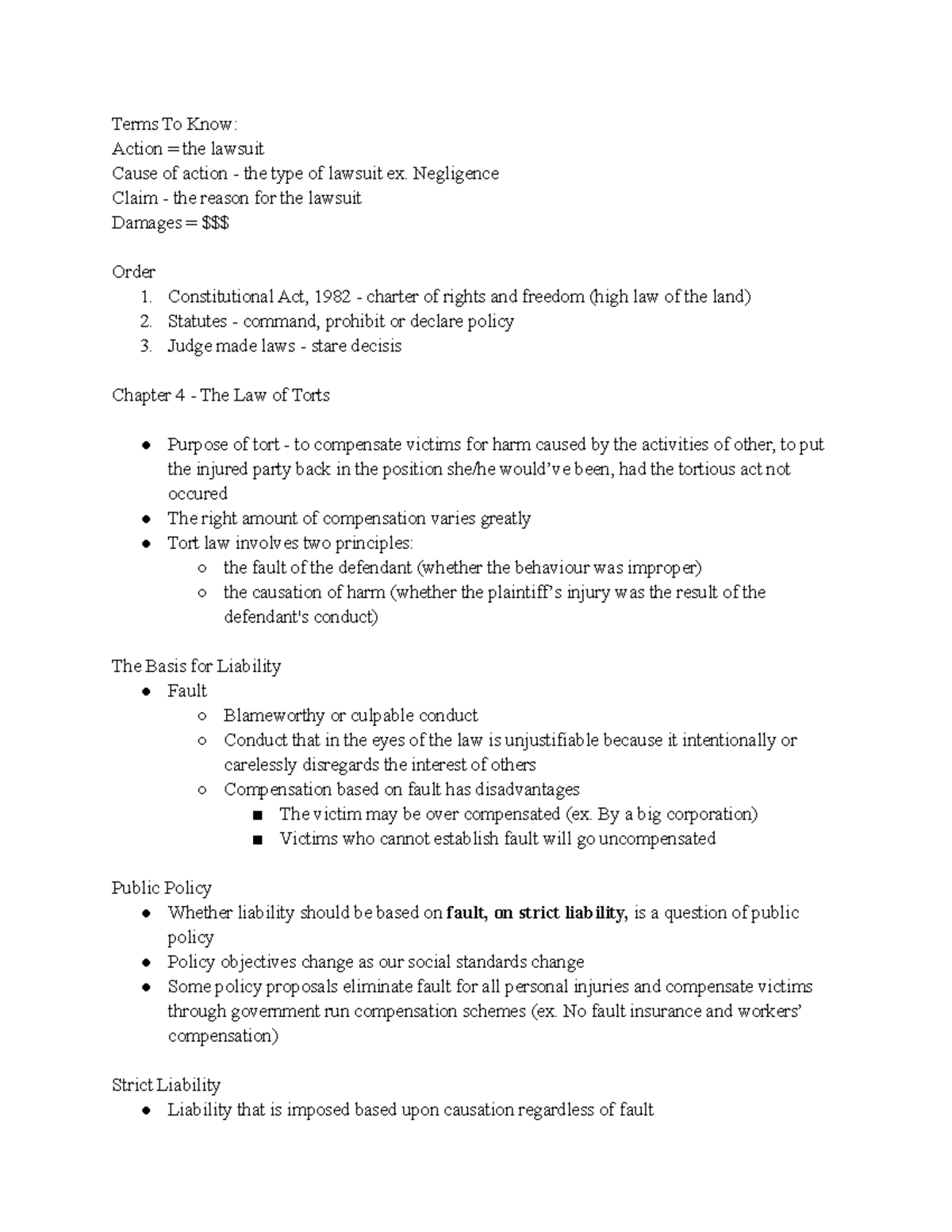BU231 - Intentional Torts - Terms To Know: Action = the lawsuit Cause ...