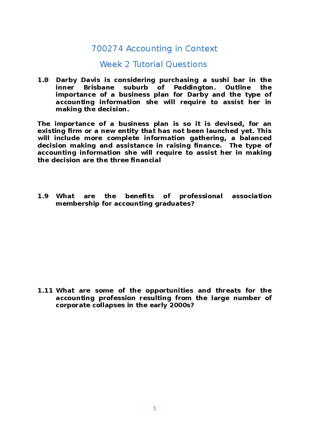 Week 2 AIC Tutorial Questions Student - 700274 Accounting in Context Week 2 Tutorial Questions 1 ...