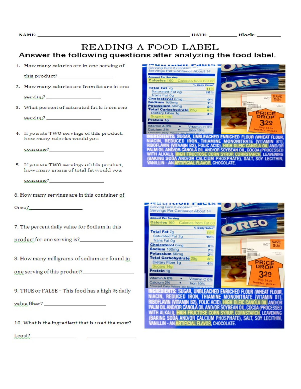 Jamar Marcellus - Worksheet - Food Label Analysis (Oreo) - Studocu