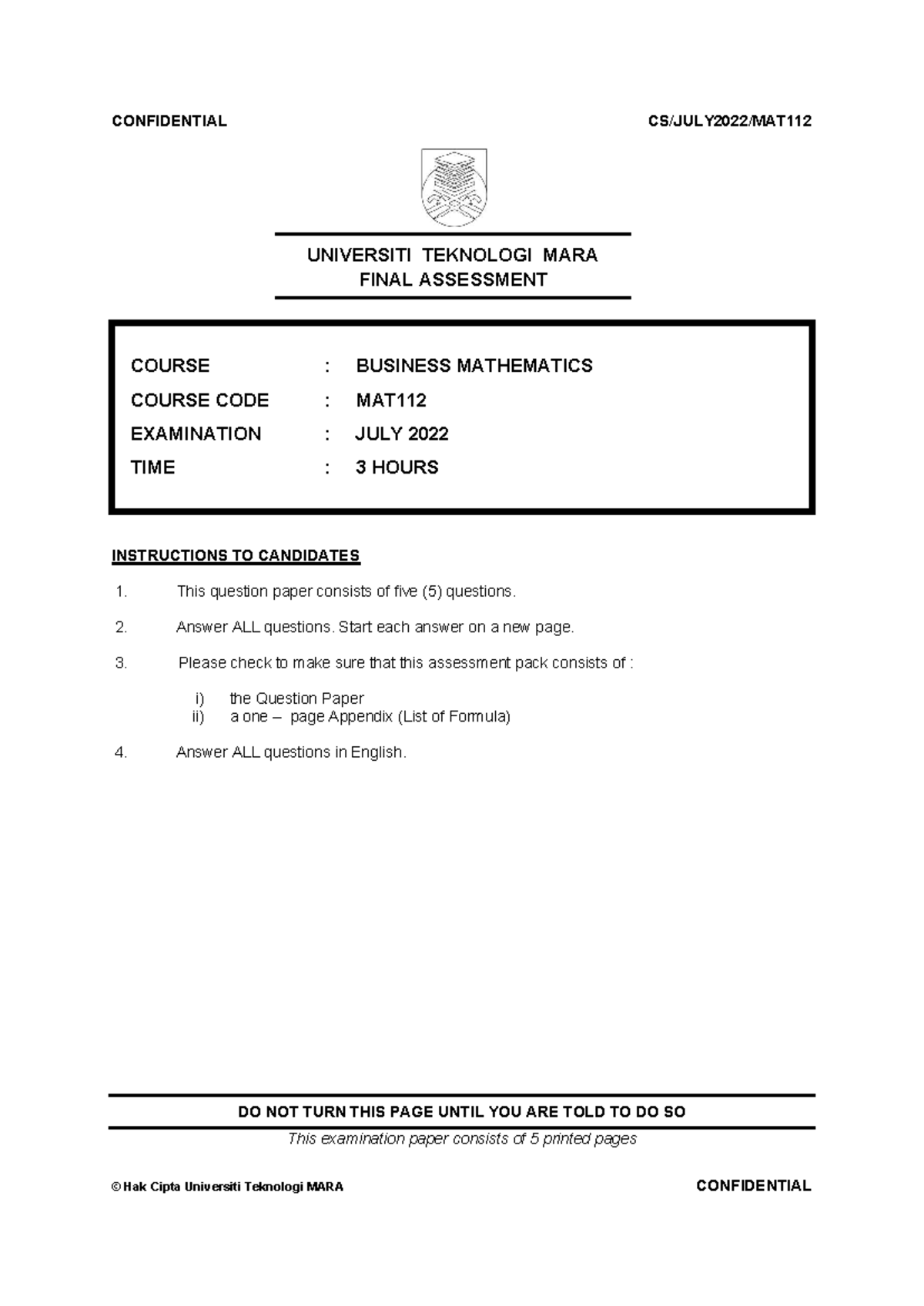 Final Assessment Question JULY2022 MAT112 with answer - UNIVERSITI ...