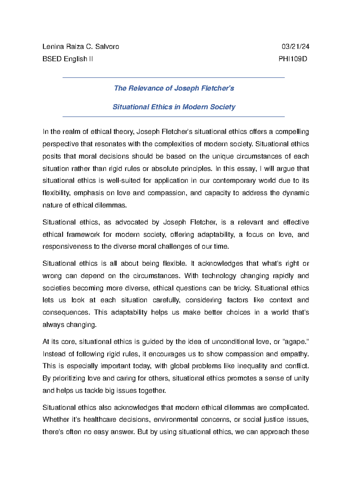 The Relevance of Joseph Fletcher's - Lenina Raiza C. Salvoro 03 /21 ...