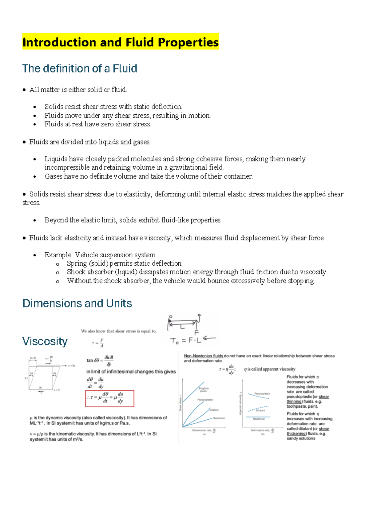 2261 Cheatsheet - formula sheet - Introduction and Fluid Properties The ...