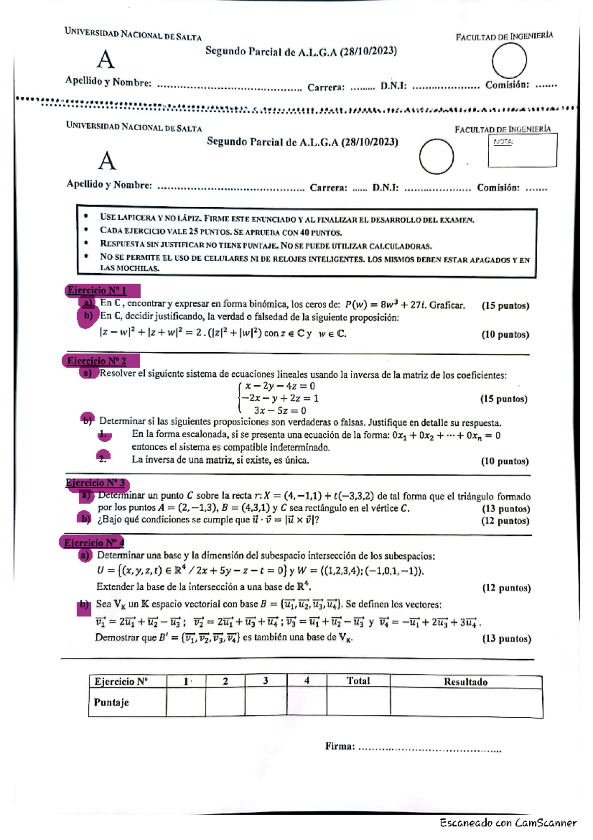 Segundo Parcial 2° Cuatrimestre Año 2022 Álgebra Lineal - UNIVERSIDAD NACIONAL DE SALTA FACULTAD ...